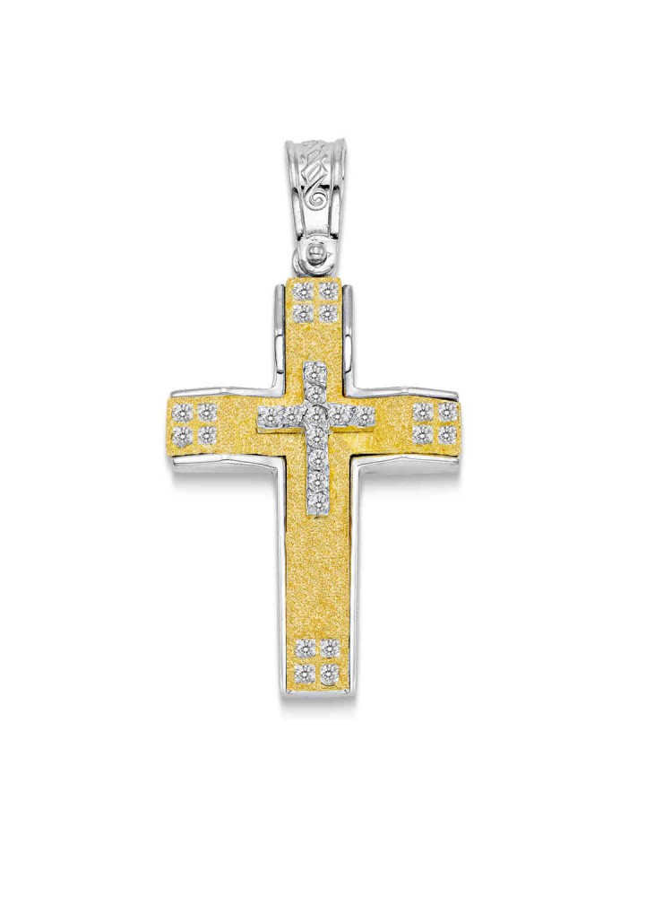 Double Cross with Zircons, in 14k gold and white gold Size One size