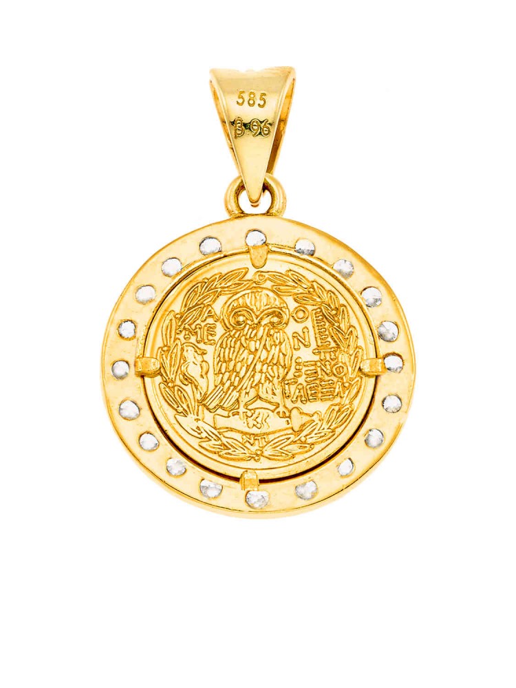 Parthenon -Coin Pendant with zircons, in 14k gold Size Small Precious ...
